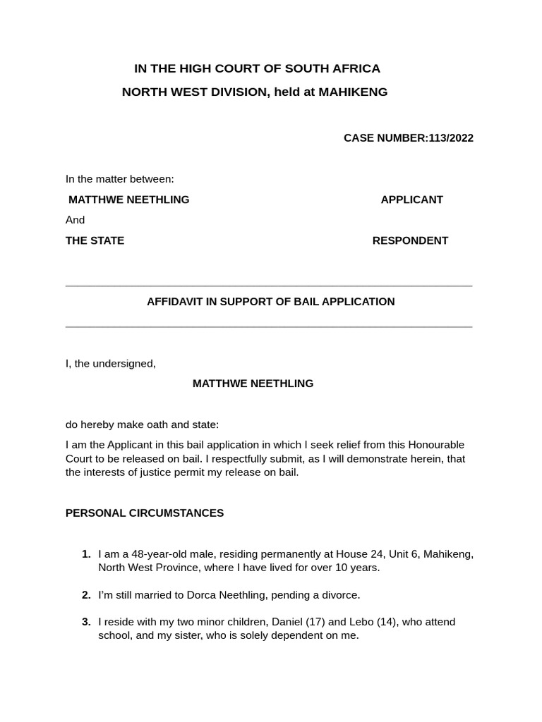 Bail Application Affidavit for Neethling | PDF | Bail | Government
