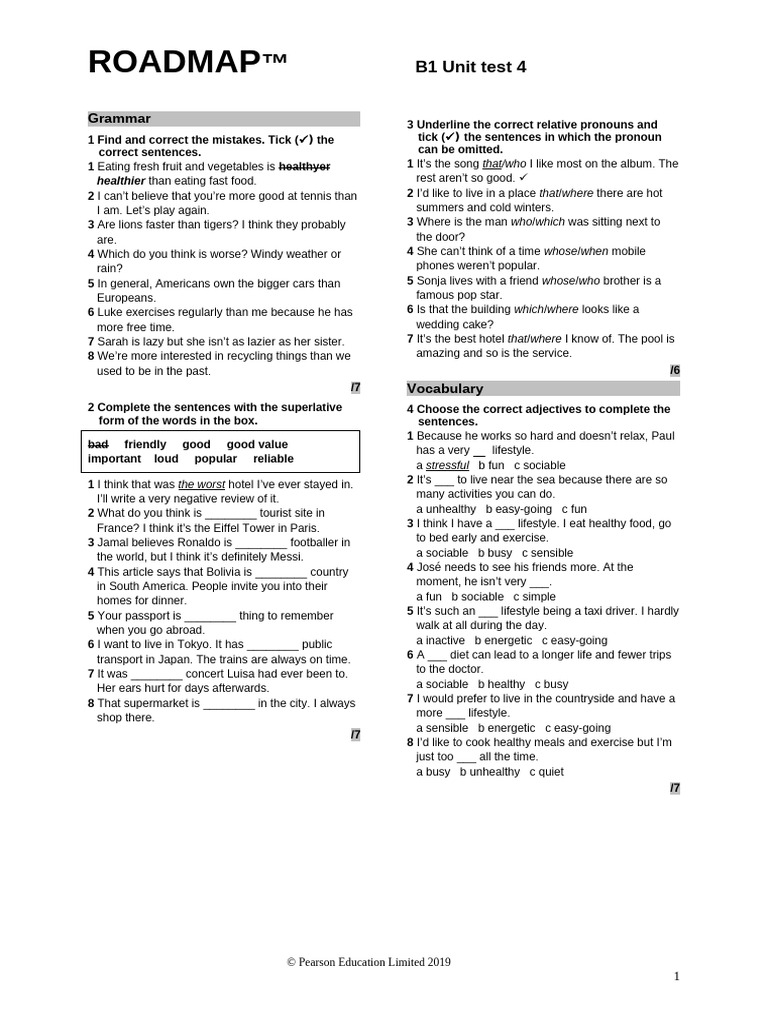 B1 Unit Test 4: Grammar & Vocabulary | PDF | Linguistics