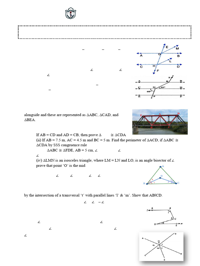 Subject: Pt2 Revision Work Sheet 2 Class: IX Chapters: Lines and Angles ...