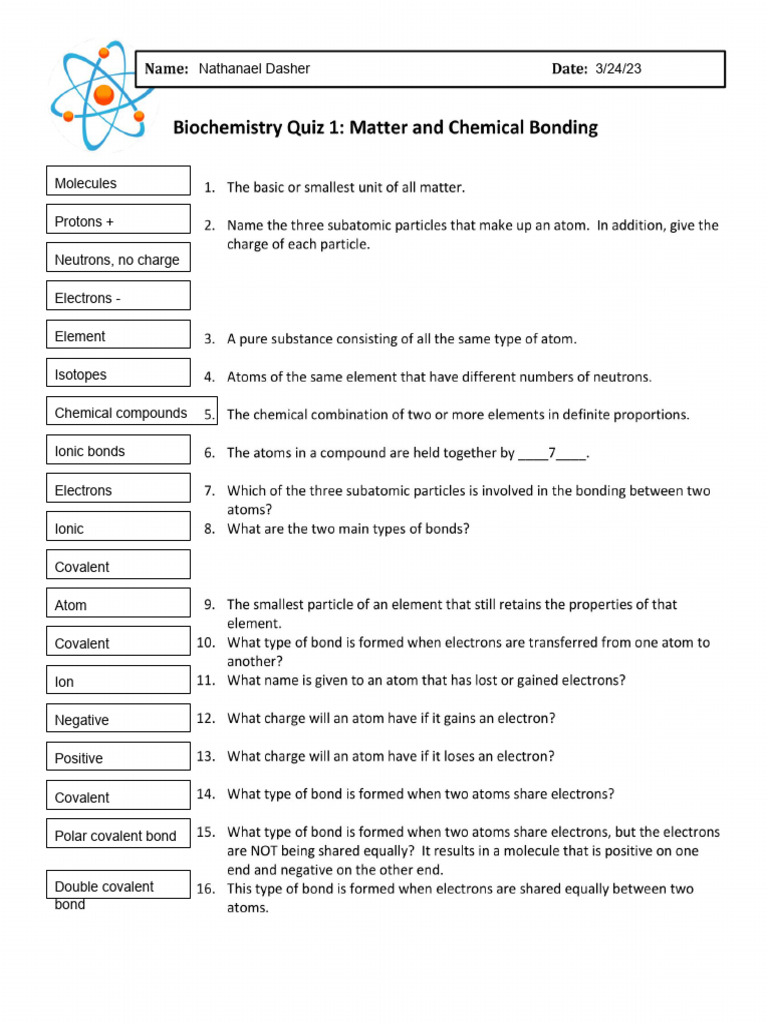 Nathanael Dasher - Student Copy of Biochemistry Quiz 1 | PDF
