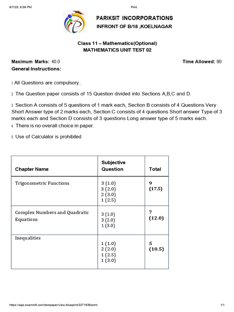 Class 11 Mathematics Unit Test 02 | PDF