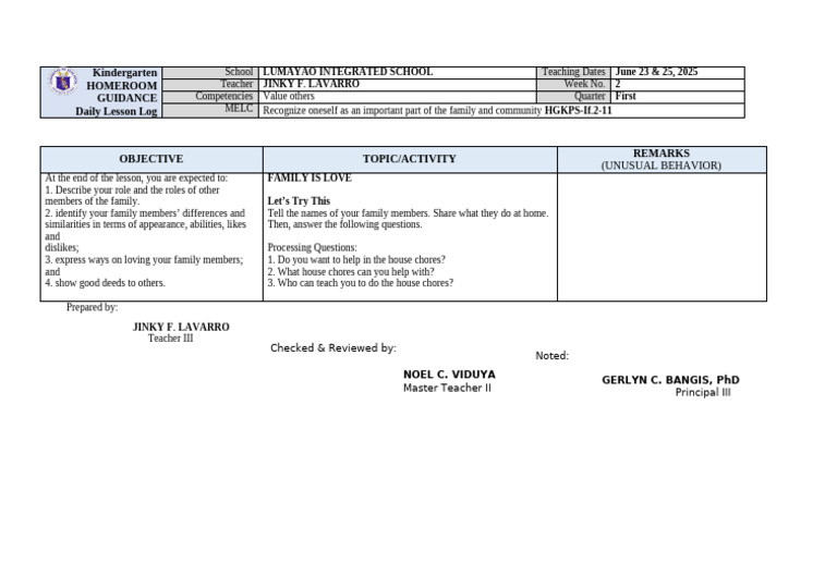 HG PLAN - Q1-Week 2 | PDF