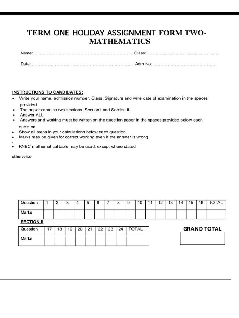 Form 2 Holiday Assignment Mathematics | PDF