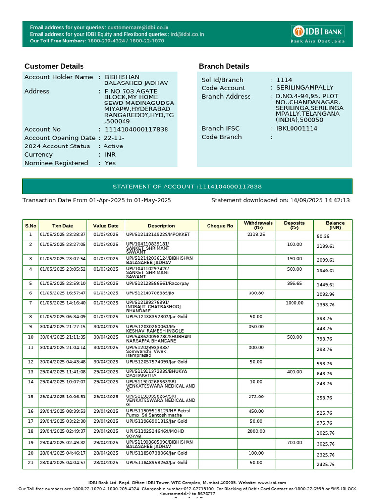 IDBI Bank Account Statement 1114104000117838 | PDF | Money | Payments