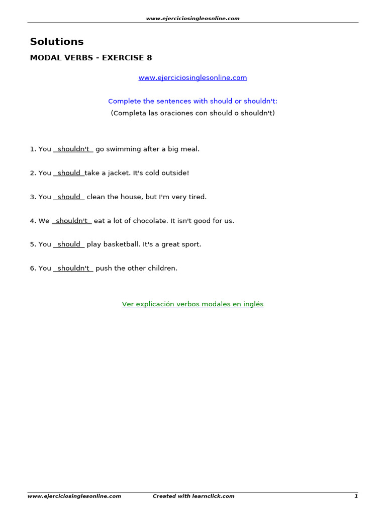 Solutions Modal Verbs Exercise 8 | PDF