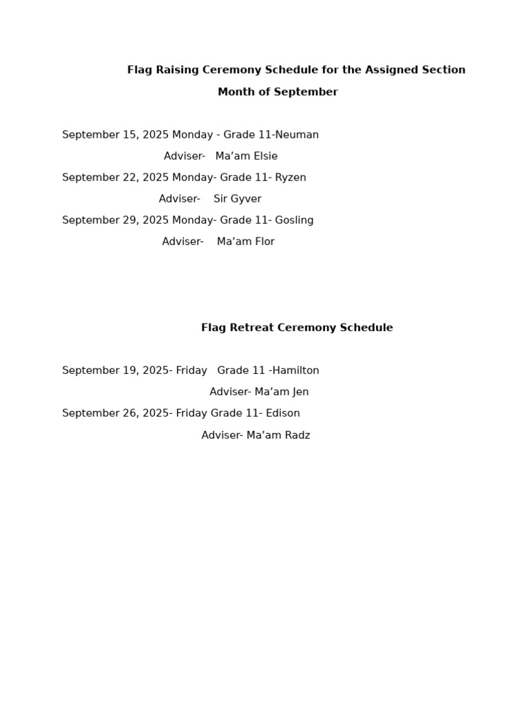 Flag Ceremony Schedule For The Assigned Section | PDF