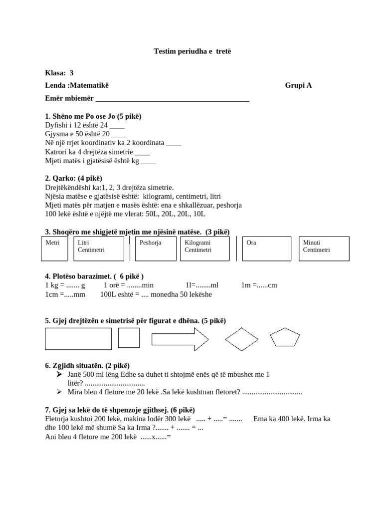 Testim Periudha e Tretë Matematike KL.3 | PDF