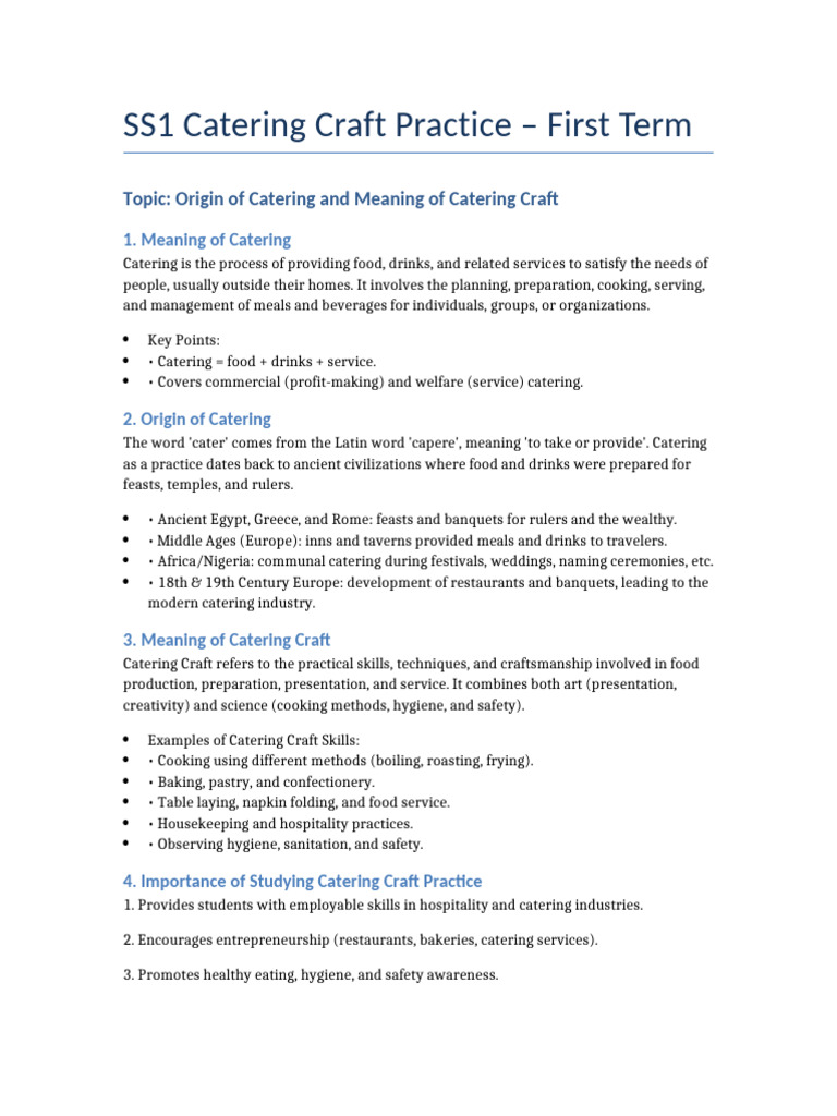 Origin and Meaning of Catering Craft | PDF