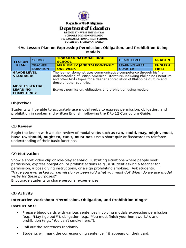 Grade 9 English Lesson Plan on Modals | PDF | Verb | Learning