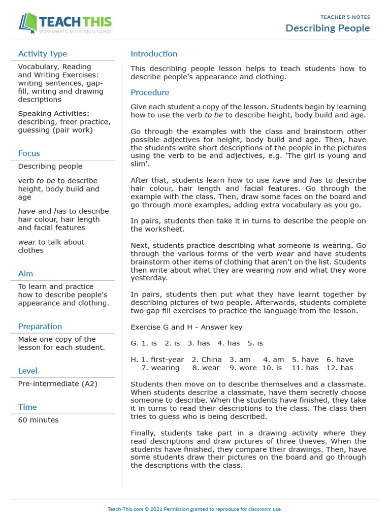 Describing People: Lesson Plan | PDF | Clothing | Fashion