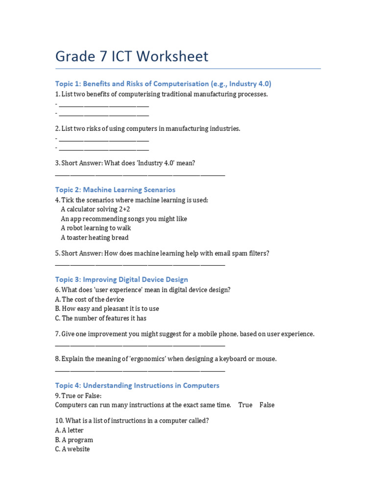 Grade 7 ICT Worksheet | PDF