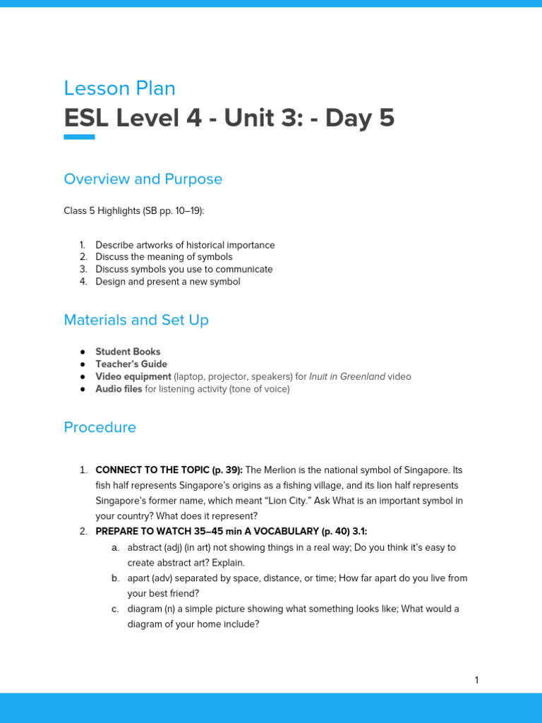 ESL Lesson Plan: Art and Symbols | PDF
