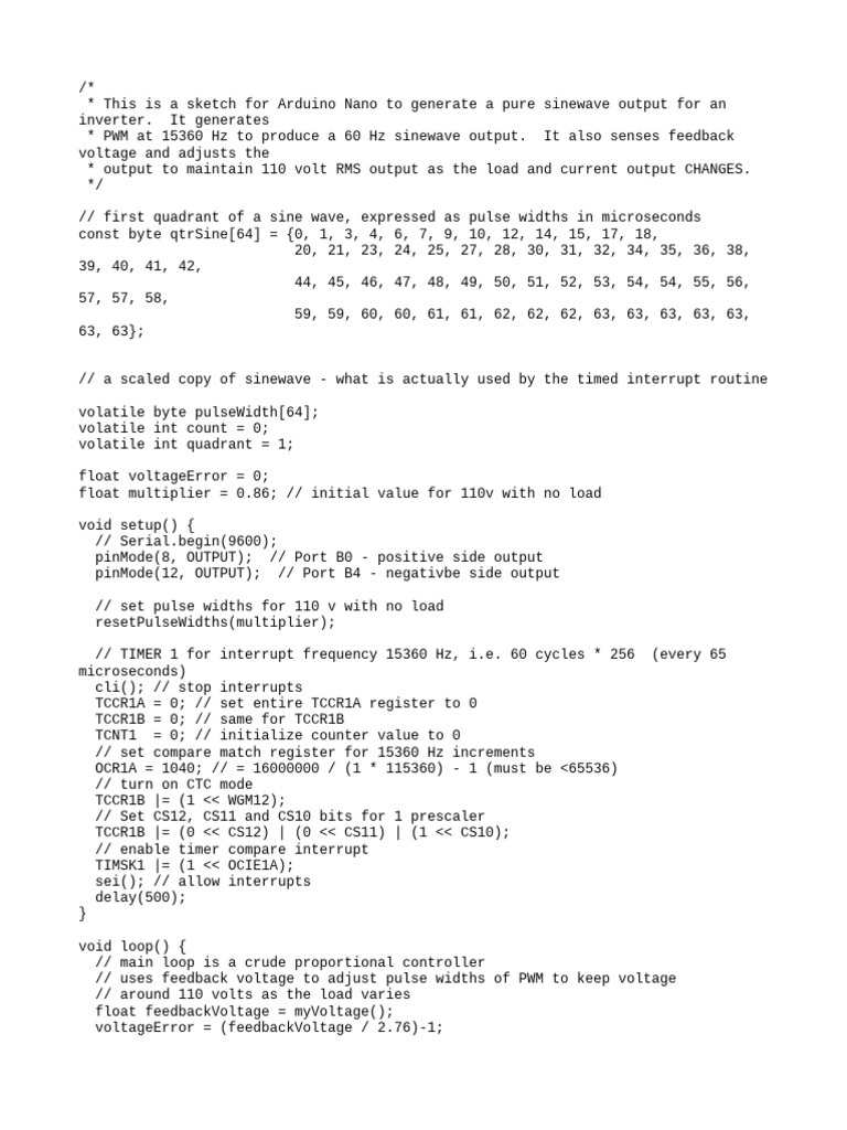Pure Sinewave Inverter Code For Arduino Nano - Ino | PDF | Computer Engineering | Electrical ...