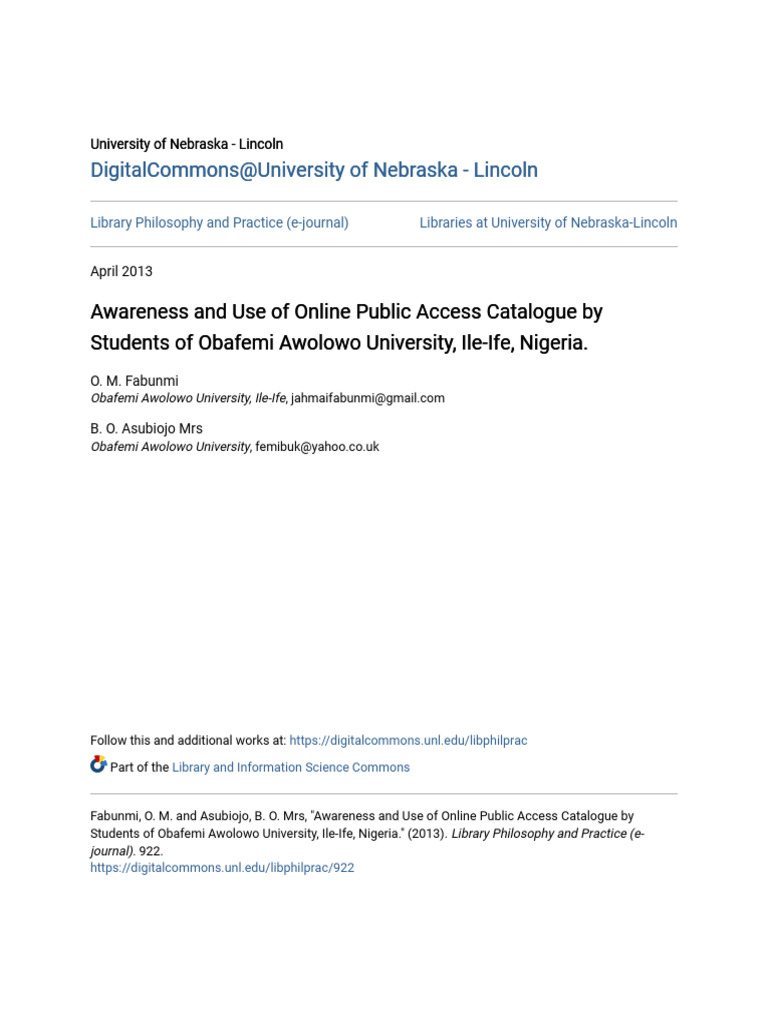 Awareness and Use of Online Public Access Catalogue by | PDF ...