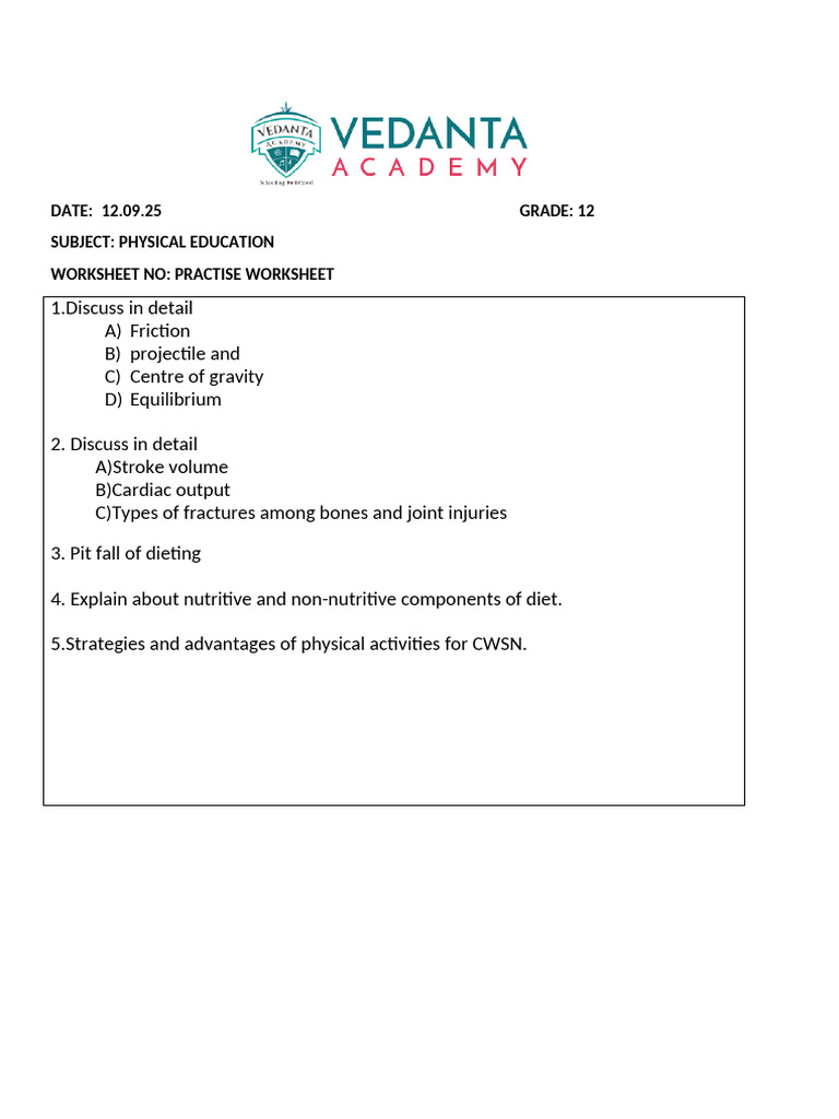 Grade 12 - Hpe Practise Worksheet 12.09.25 | PDF