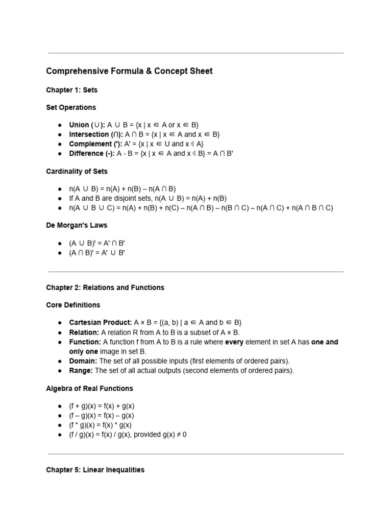 Comprehensive Formula & Concept Sheet | PDF | Set (Mathematics) | Intersection (Set Theory)