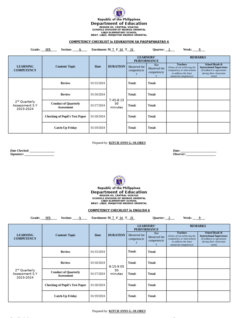 Competency Checklist for Grade 6 Subjects | PDF | Teachers | Classroom