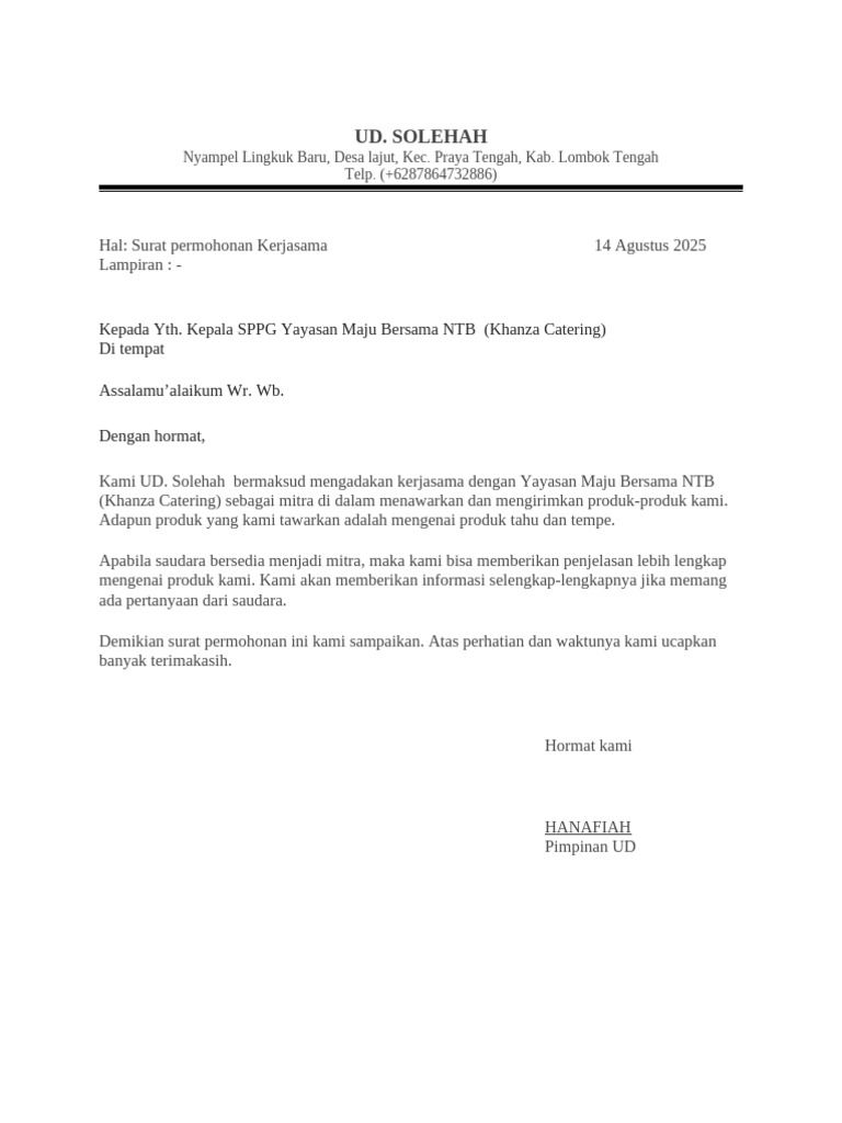 Surat Kerjasama Ud Solehah | PDF