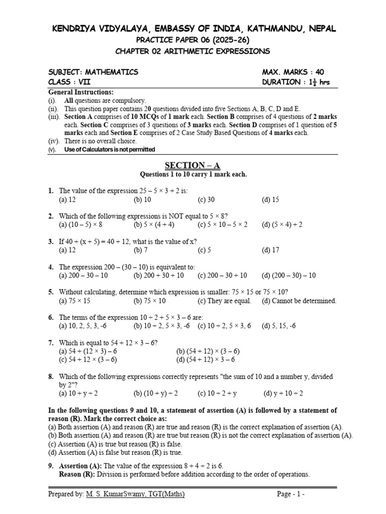Class VII Arithmetic Expressions MCQs | PDF | Mathematics