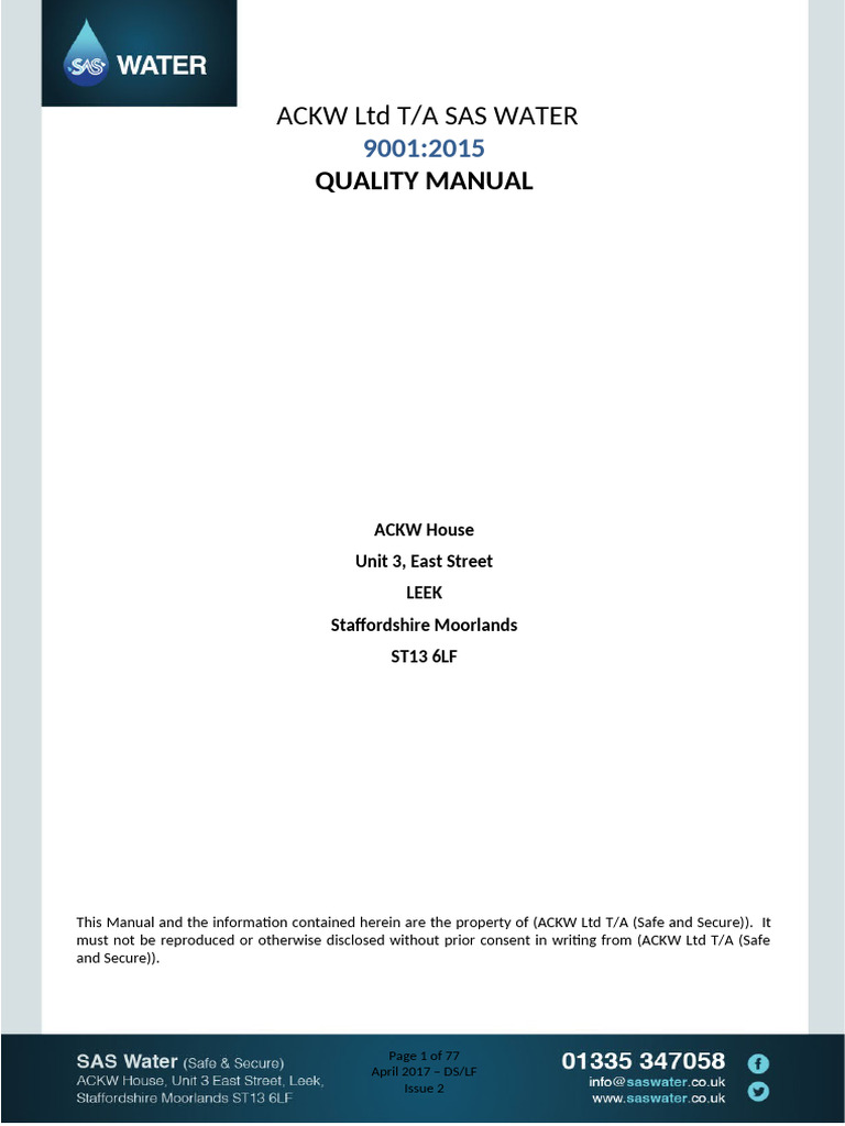 SAS Water ISO 9001:2015 Quality Manual | PDF | Quality Management ...