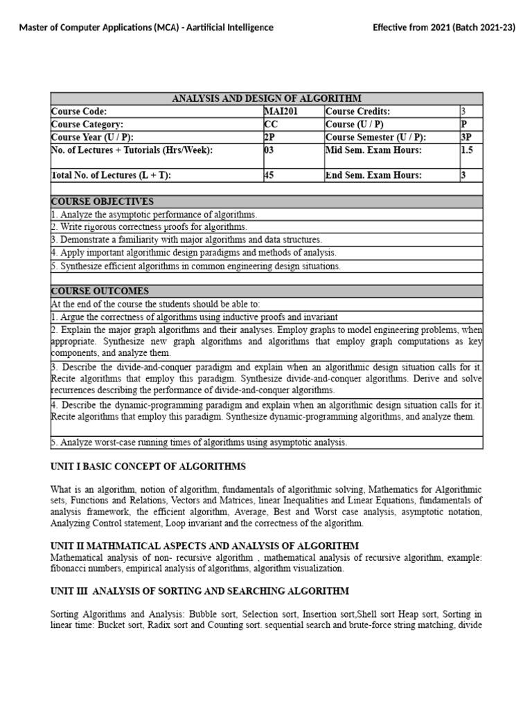 DAA Course Overview and Objectives | PDF | Algorithms | Applied Mathematics