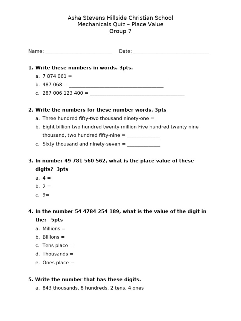 Place Value Test Group 6 Term1 | PDF