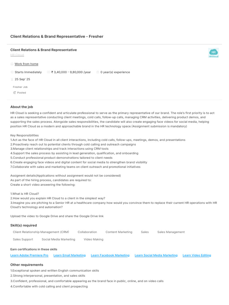 Client Relations & Brand Representative Remote Fresher Job | PDF ...