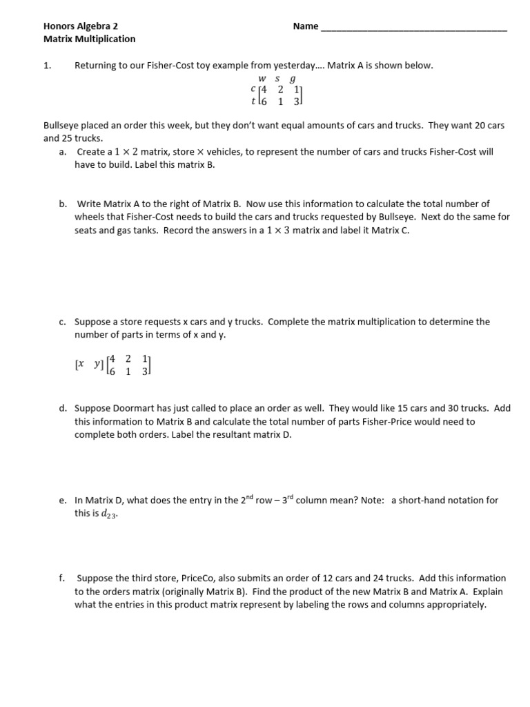 Matrix Multiplication in Algebra 2 | PDF | Matrix (Mathematics ...