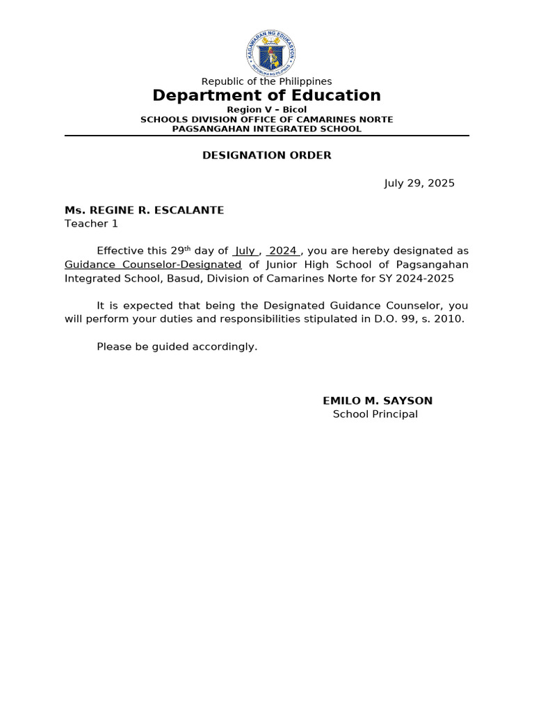 MEMO Designation of SELG SSLG Adviser 2025-2026 | PDF