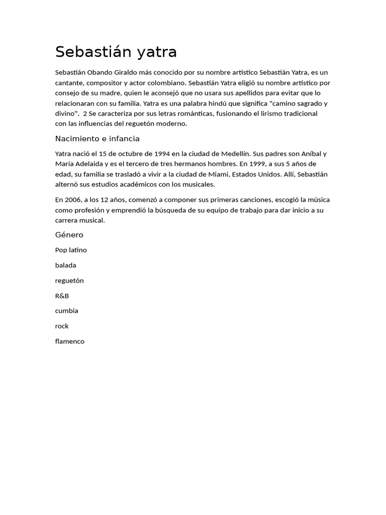Sebastián Yatra: Biografía y Carrera Musical | PDF