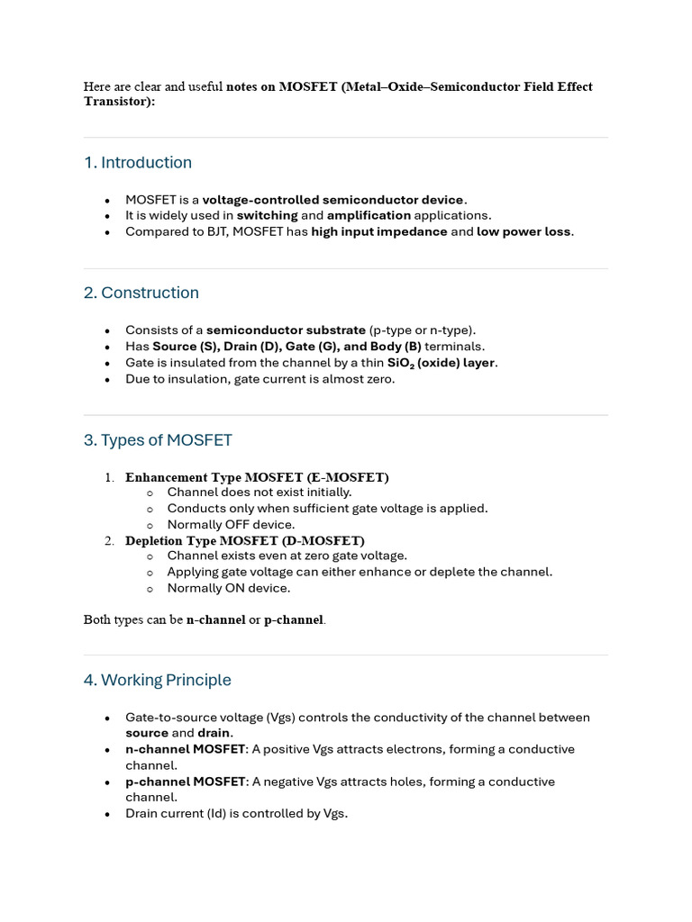 MOSFET Overview and Applications Notes | PDF