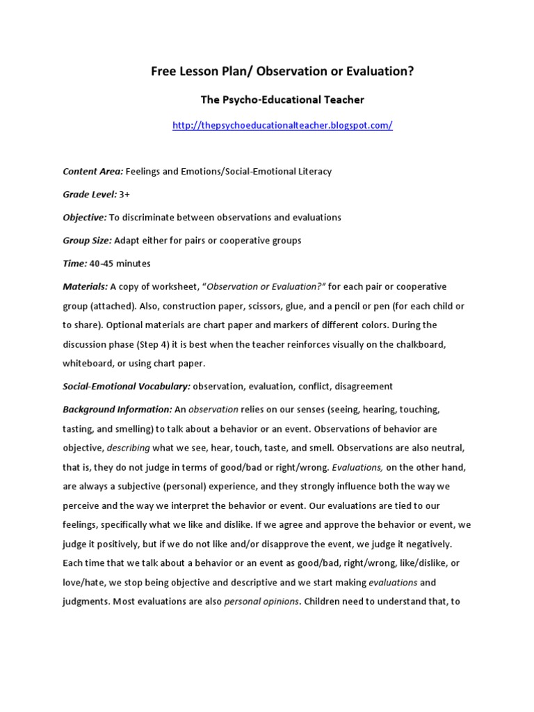 Free Lesson Plan: Observation or Evaluation? | PDF | Emotions | Lesson Plan