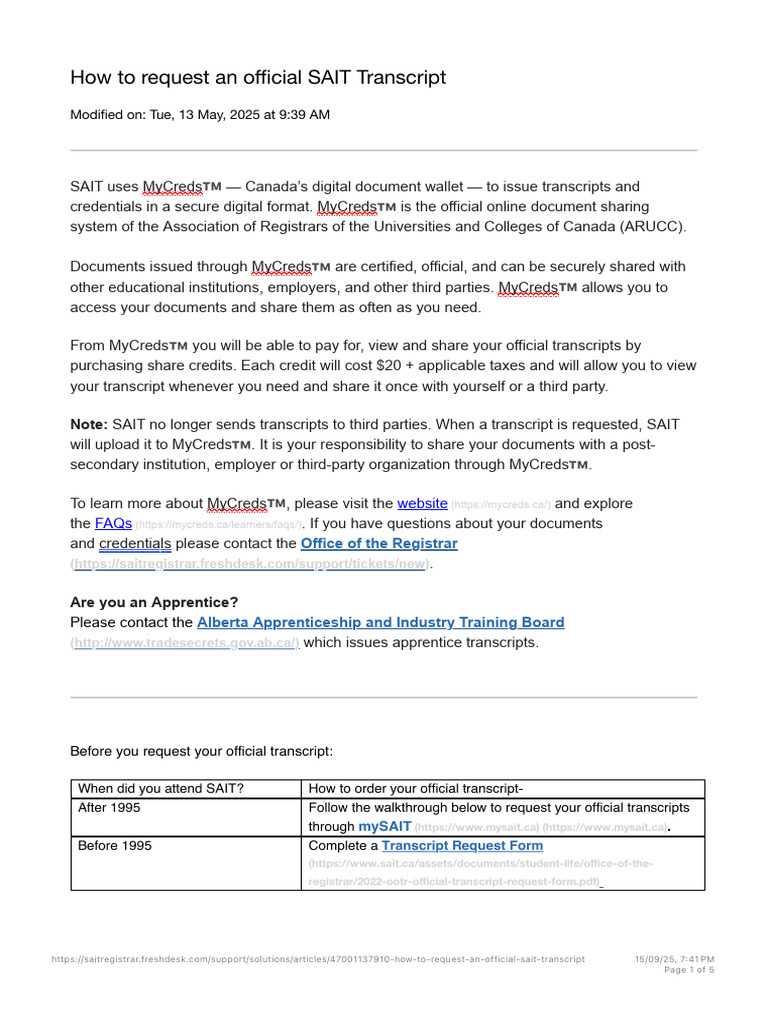 Requesting Your SAIT Transcript Guide | PDF | Apprenticeship