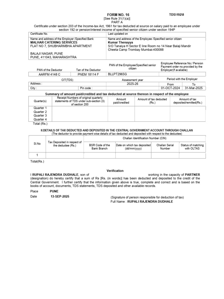 TDS Certificate Form 16 for Salary 2025 | PDF | Tax Deduction | Taxes
