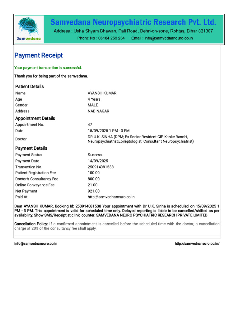 Samvedana Neuropsychiatric Centre - Payment Response | PDF