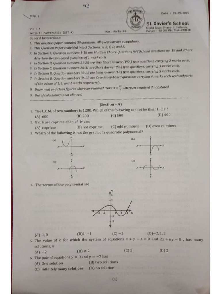 ST - Xavier School Math's Question Paper Set-A 2025-2026 10th | PDF