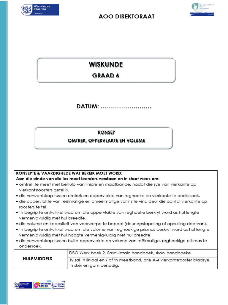 GR 6 Wiskunde Les Omtrek Oppervlakte en Volume K3 W5 | PDF
