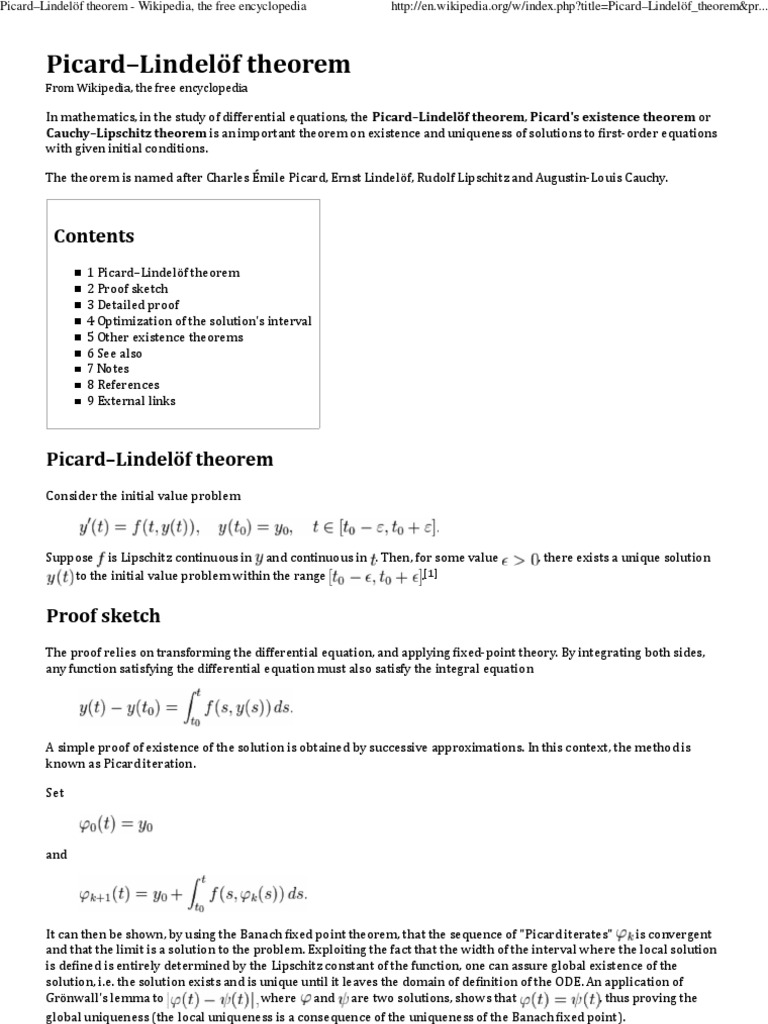 Picard–Lindelöf theorem - Wikipedia, the free encyclopedia | PDF ...