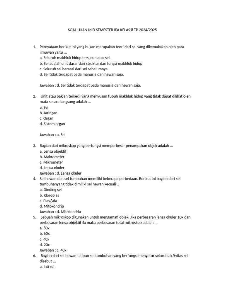 Soal Ujian Mid Semester Ipa Kelas 8 Tp 2024 | PDF
