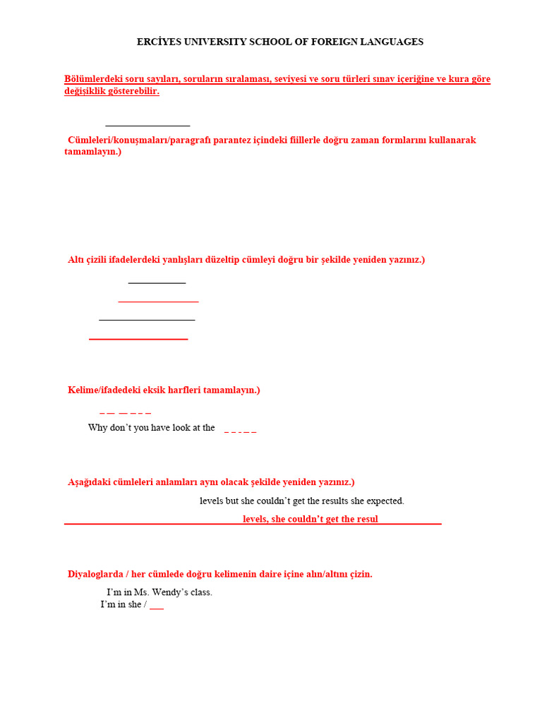 Erciyes University Language Quiz Sample | PDF | Linguistics | Semantic ...