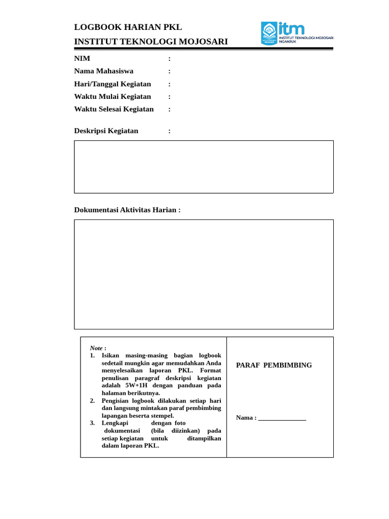 Logbook Harian PKL Mahasiswa ITM | PDF