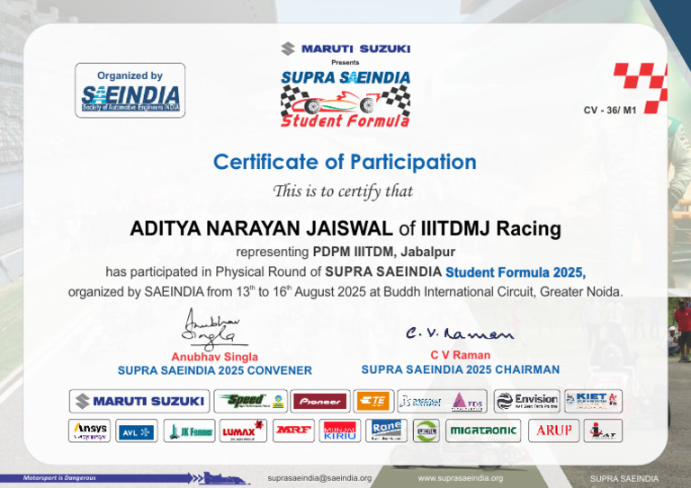 SUPRA SAEINDIA 2025 Participation Certificate | PDF