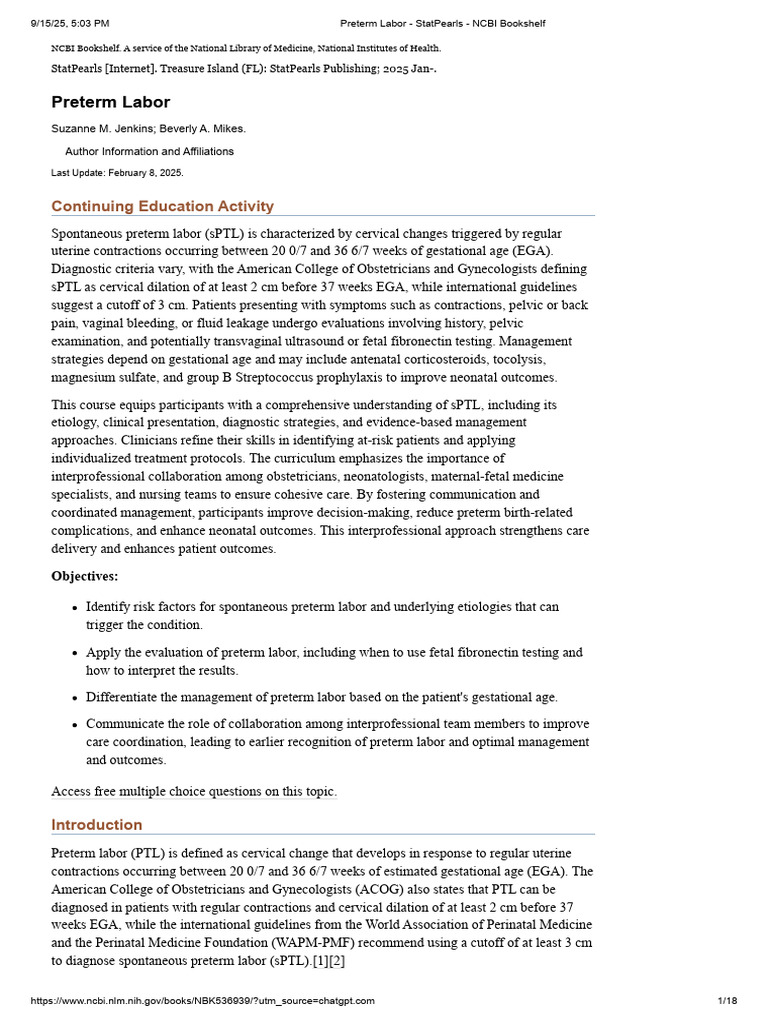 Preterm Labor - StatPearls - NCBI Bookshelf | PDF | Preterm Birth ...