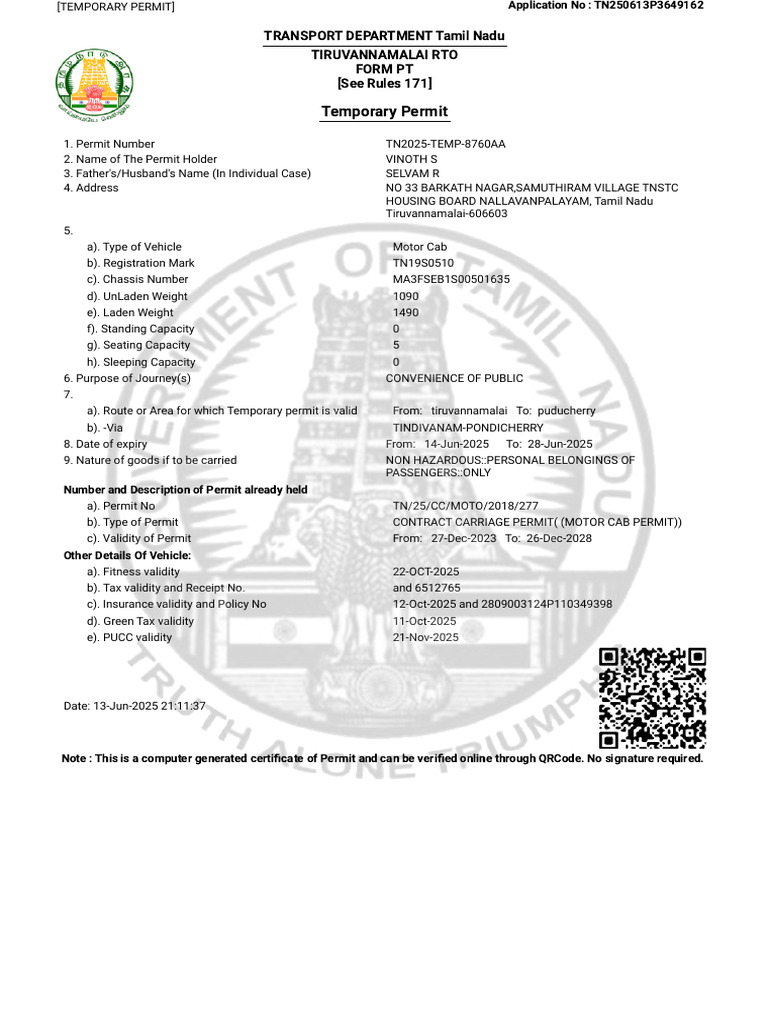 Temporary Motor Cab Permit TN 2025 | PDF | Vehicles | Transport