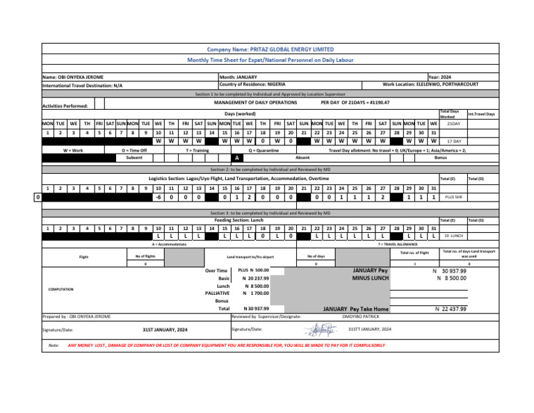 January 2024 Monthly Time Sheet | PDF