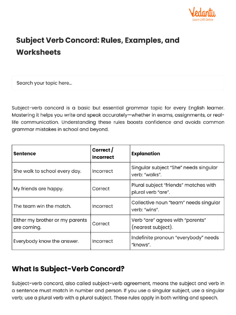 Subject Verb Concord - Rules, Examples, and Worksheets | PDF