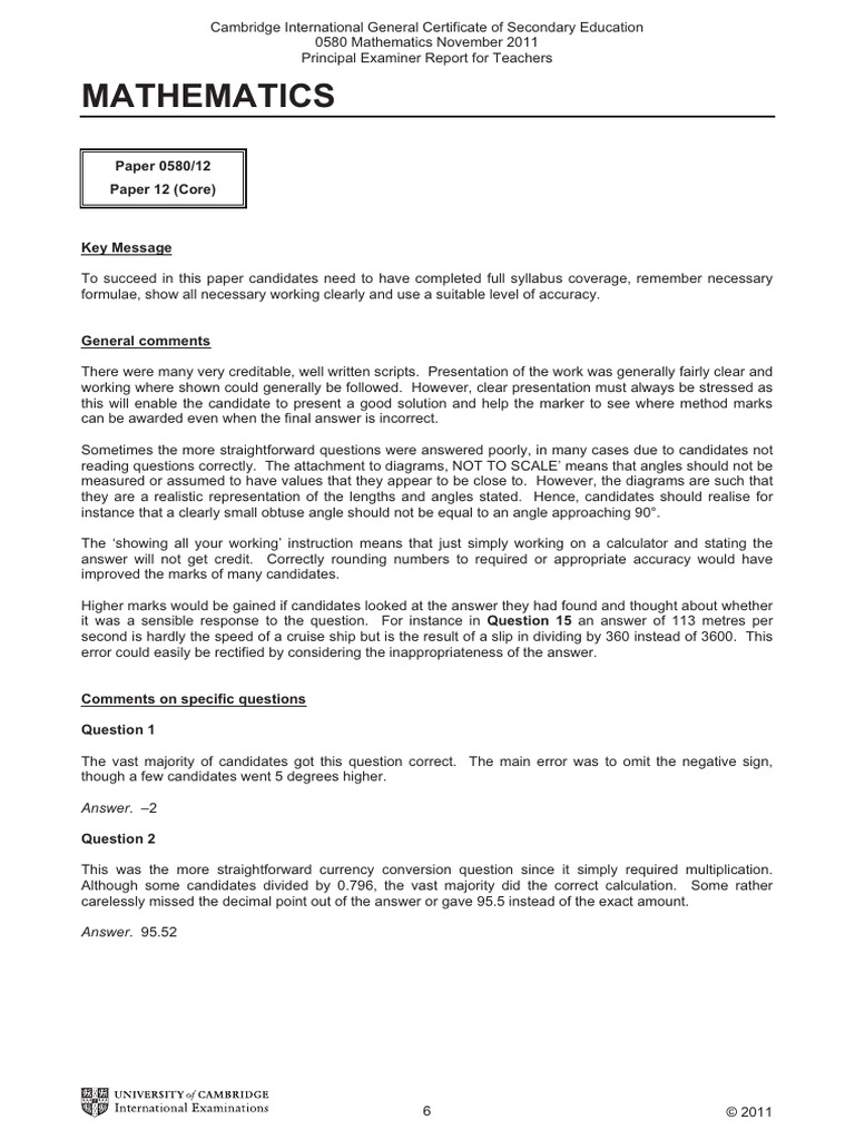 Cambridge IGCSE Math Exam Report 2011 | PDF | Decimal | Accuracy And ...