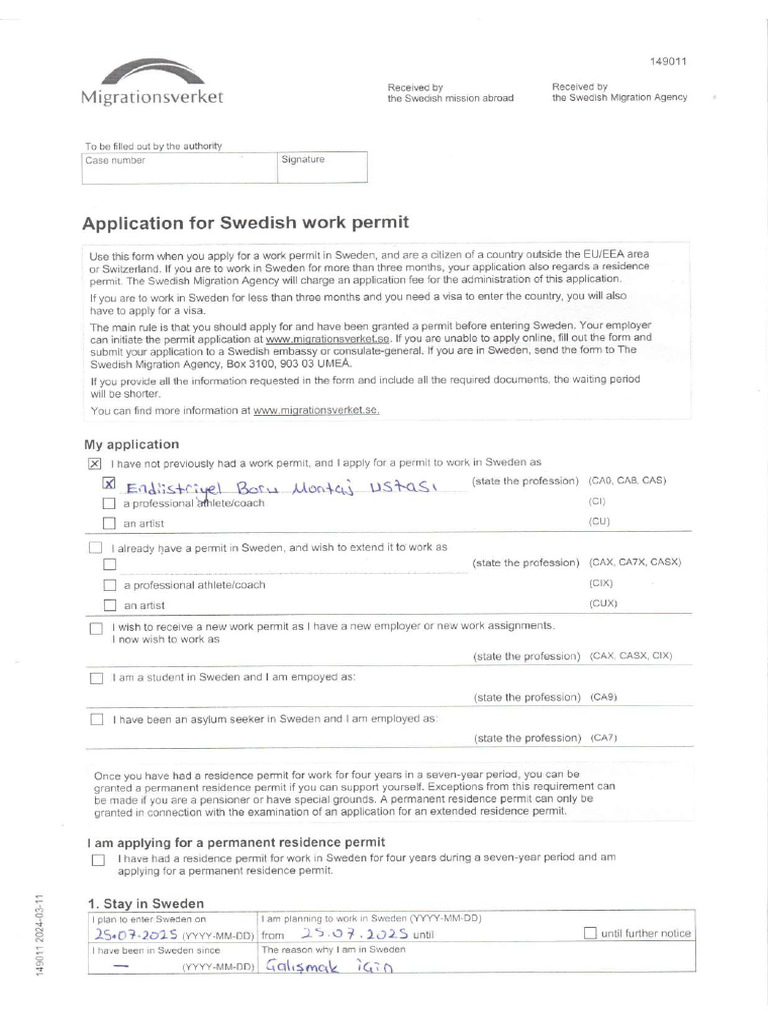 Application For Swedish Work Permit | PDF