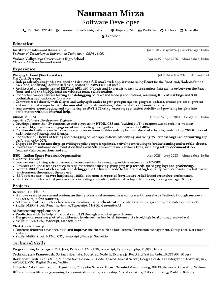 Naumaan Mirza Full Stack Resume | PDF | Java Script | My Sql