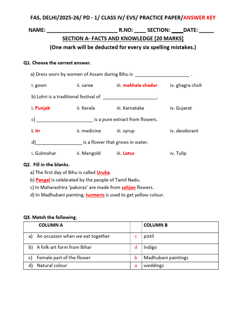 Evs 4 Practice Sheet Ans Key | PDF